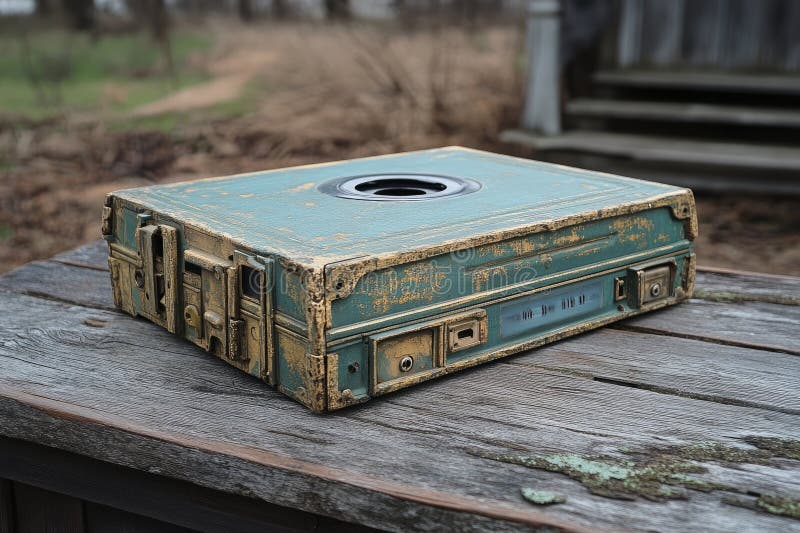 Vintage Teal and Gold Record Player on Rustic Wooden Table Stock ...