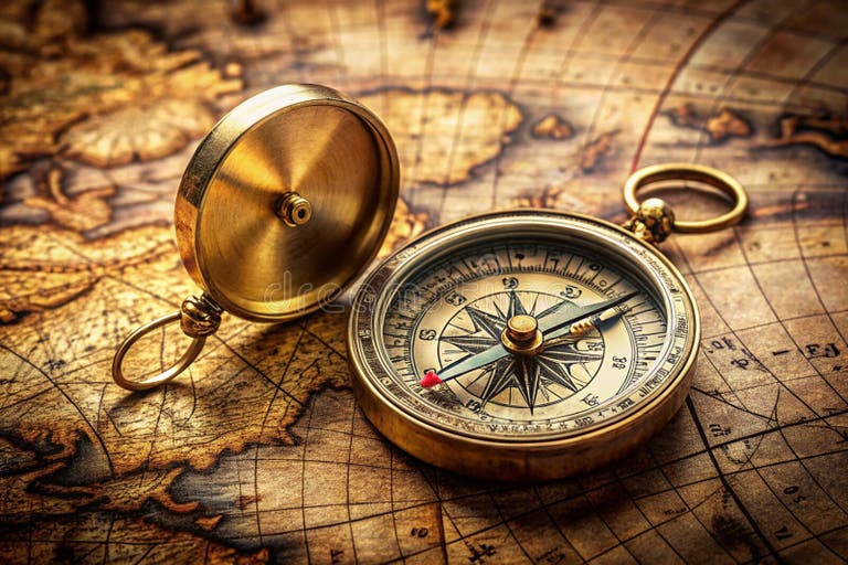 Aged Brass Antique Nautical Compass and Old Map with Track on it Stock ...