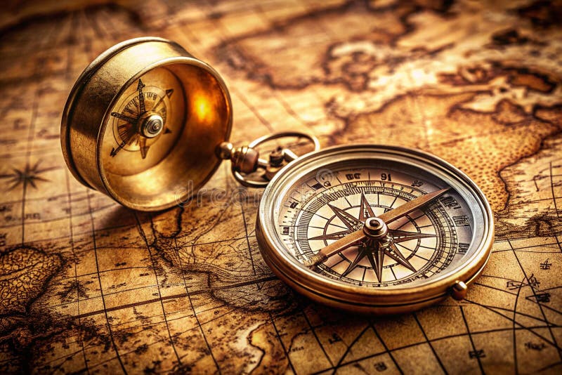 Aged Brass Antique Nautical Compass and Old Treasure Map Stock ...