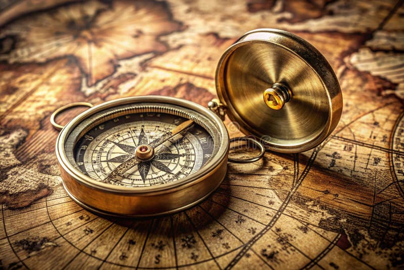 Aged Brass Nautical Compass on Table with Old Maps Stock Illustration - Illustration of ...