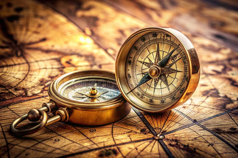 Aged Brass Nautical Compass on Table with Old Maps Stock Illustration ...