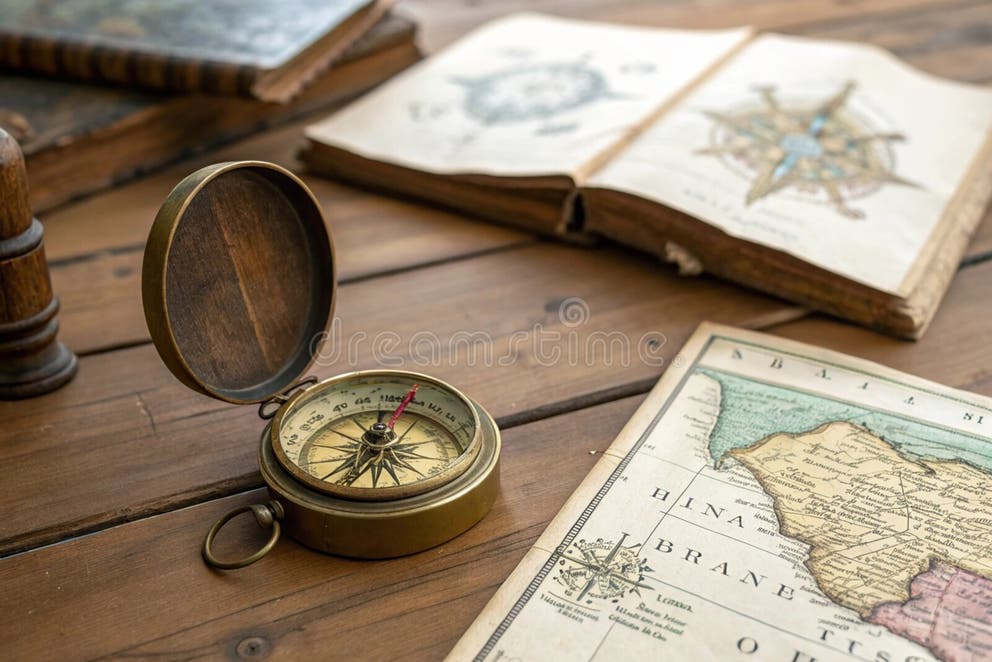 Aged Brass Nautical Compass on Table with Old Maps Stock Illustration ...