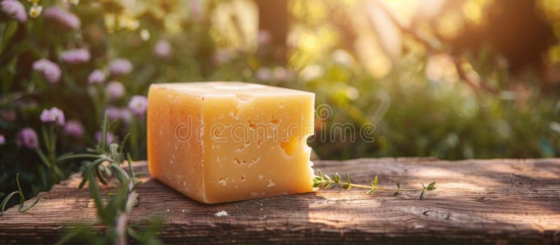 Aged Cheese Block on Wooden Table Stock Photo - Image of industry ...