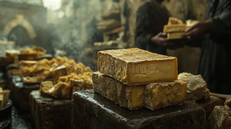 Aged Cheese Blocks Stacked at a Market Stall Stock Illustration ...