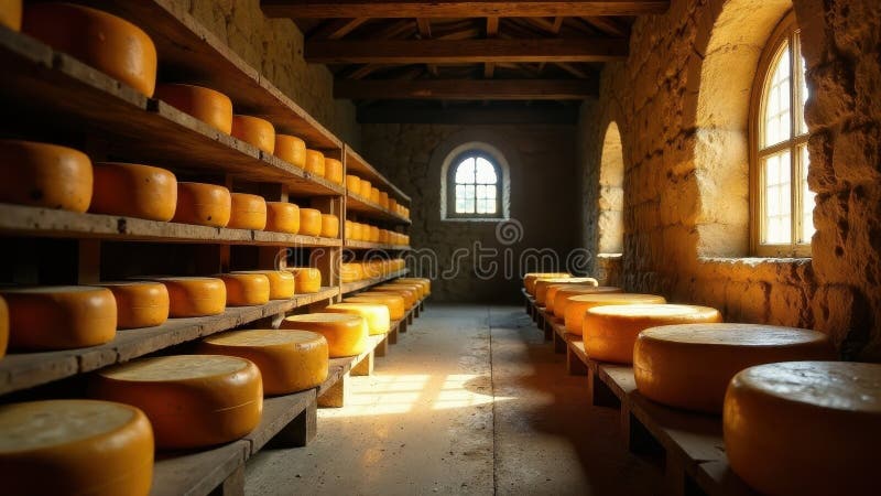 Aged Cheese Wheels in Rustic Cellar Storage. Generative AI Stock ...