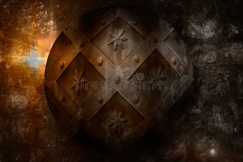 Medieval Shield Over Dark Castle Stone Wall Stock Photo - Image of ...