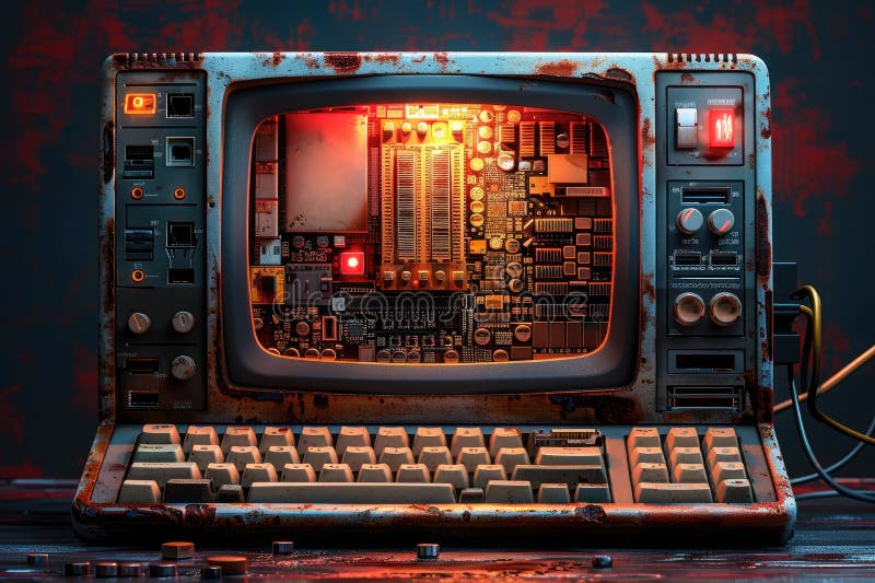 Rusty Retro Computer with Exposed Circuit Board Stock Illustration ...
