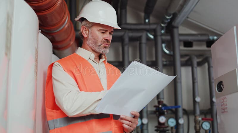 Aged Construction Worker in Uniform Checking Information on Paper with ...