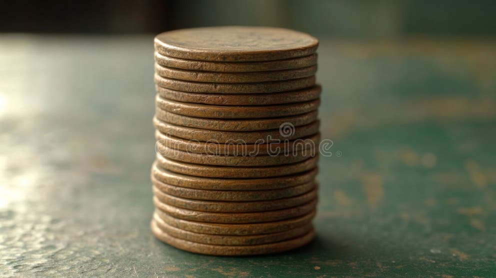 Aged Copper Coins Stacked on Dark Green Surface Stock Illustration ...