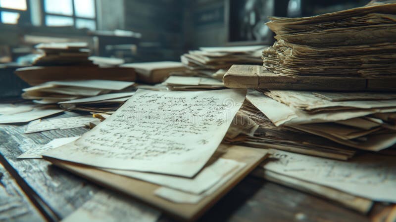 Aged Documents and Letters Resting on a Wooden Desk Stock Illustration ...