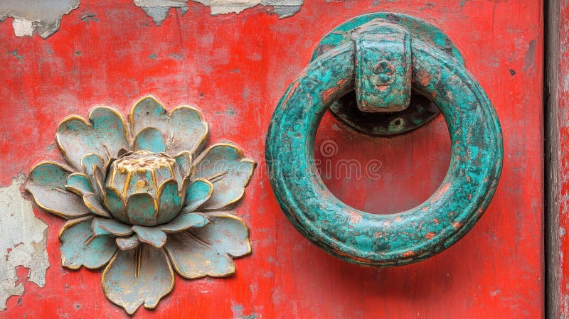 Aged Door Hardware Floral Accent Ringed Handle on a Weathered Red ...