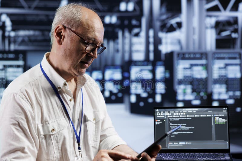 Aged Engineer Coding in Data Center Stock Photo - Image of engineer ...