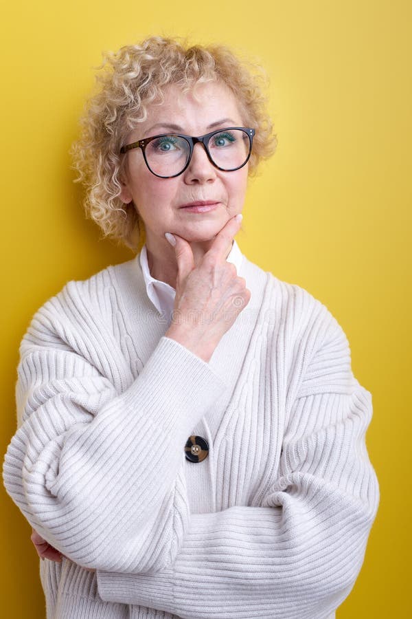 Aged Female with Serious and Concentrated Confident Look, Brainstorming ...