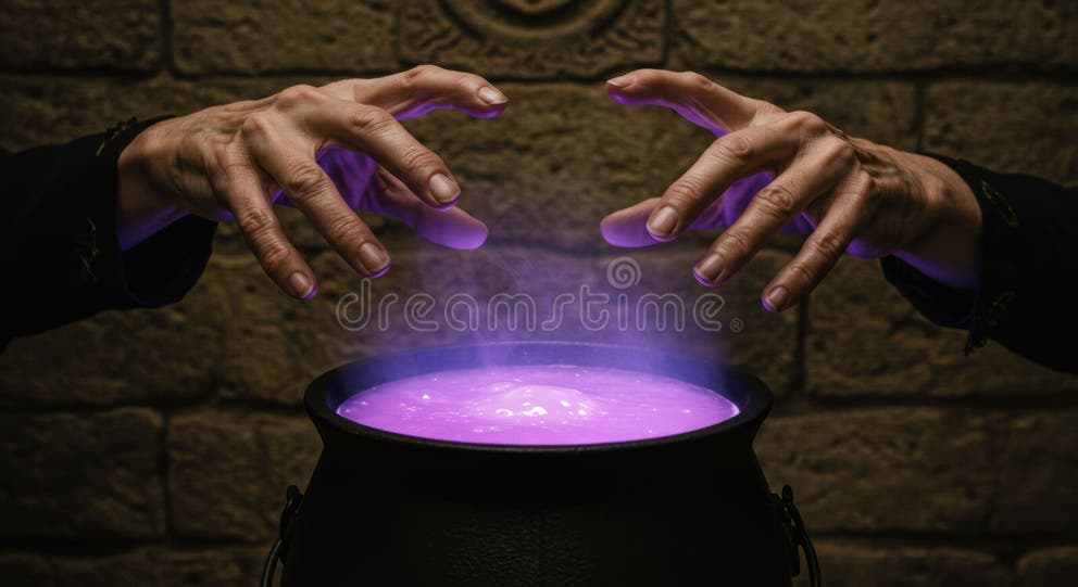 Aged Hands Conjuring Purple Potion in Cauldron Stock Illustration ...