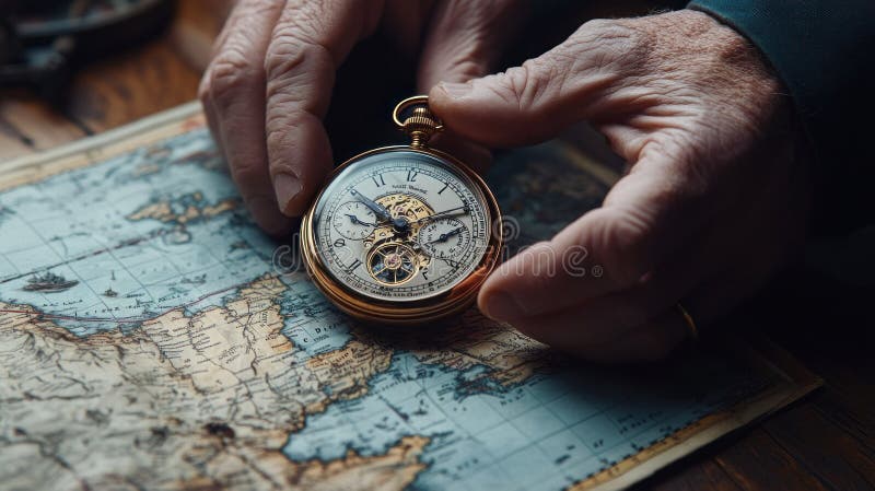 Aged Hands Hold a Pocket Watch Over an Antique Map Stock Illustration ...