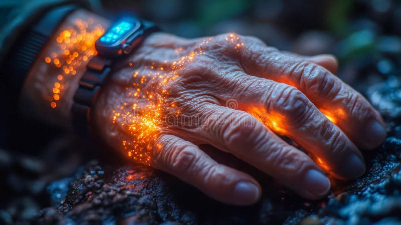 Aged Hands with Rings and a Smartwatch Interacting with a Glowing High ...