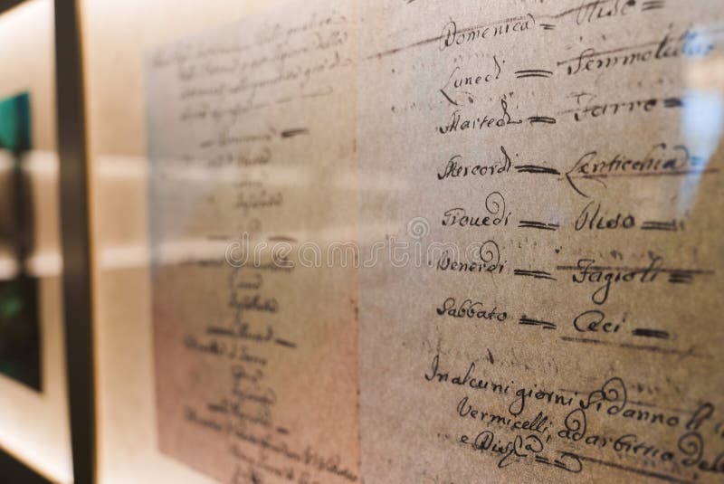 Aged Handwritten Italian Script Behind Glass, Possibly a Menu or ...