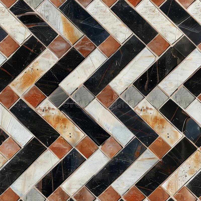 Aged Herringbone Tiles in Black and White. Seamless Pattern Stock Image ...