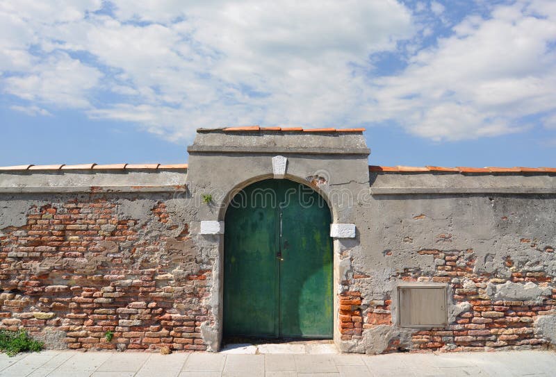 Aged Italian Brick Wall with Arched Doorway Stock Photo - Image of gate ...