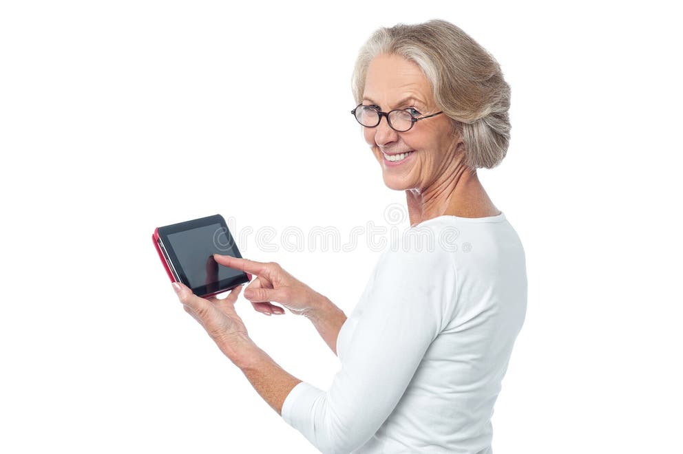 Aged Lady Operating Touch Pad Device Stock Photo - Image of device ...