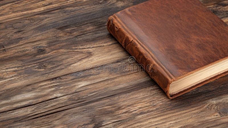 Aged Leather Bound Book Resting on Rustic Wooden Table Surface with ...