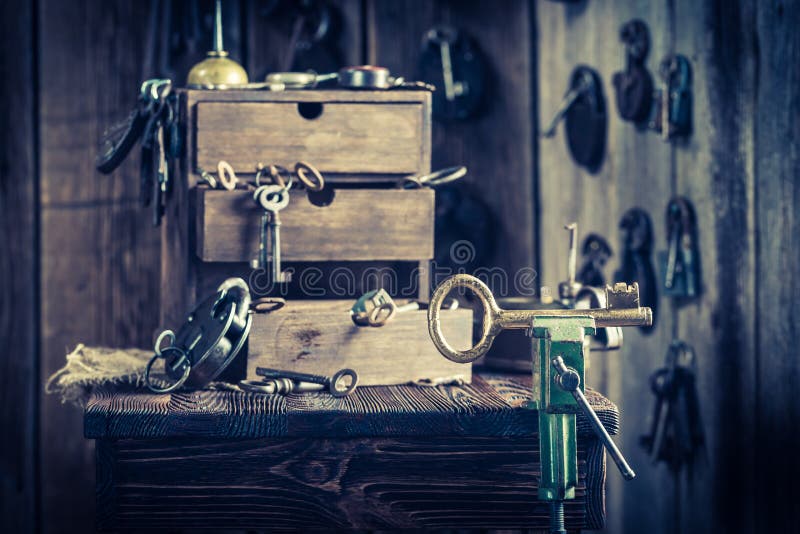 Aged Locksmiths Workshop with Keys and Locks Stock Photo - Image of ...