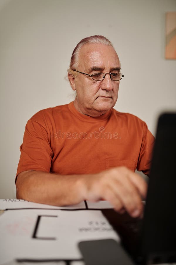 Aged Man Checking Specifications on Computer Stock Image - Image of ...