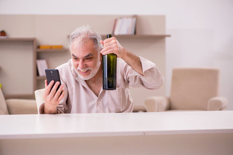 Old Man Drinking Alcohol at Home Stock Image - Image of bottle, addict ...