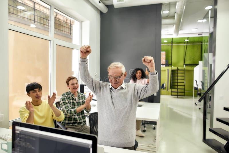 Aged Man, Senior Intern Looking Cheerful, Raising His Arms after ...