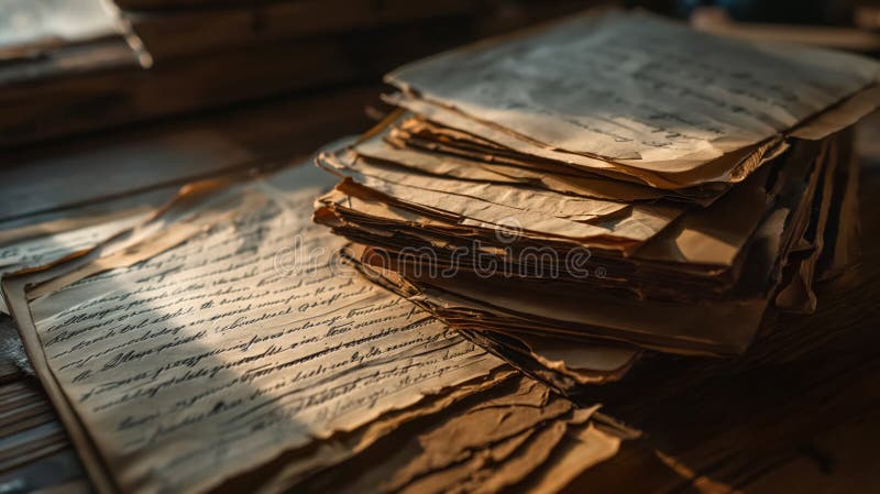 Aged Manuscripts Piled on a Wooden Table Stock Illustration ...