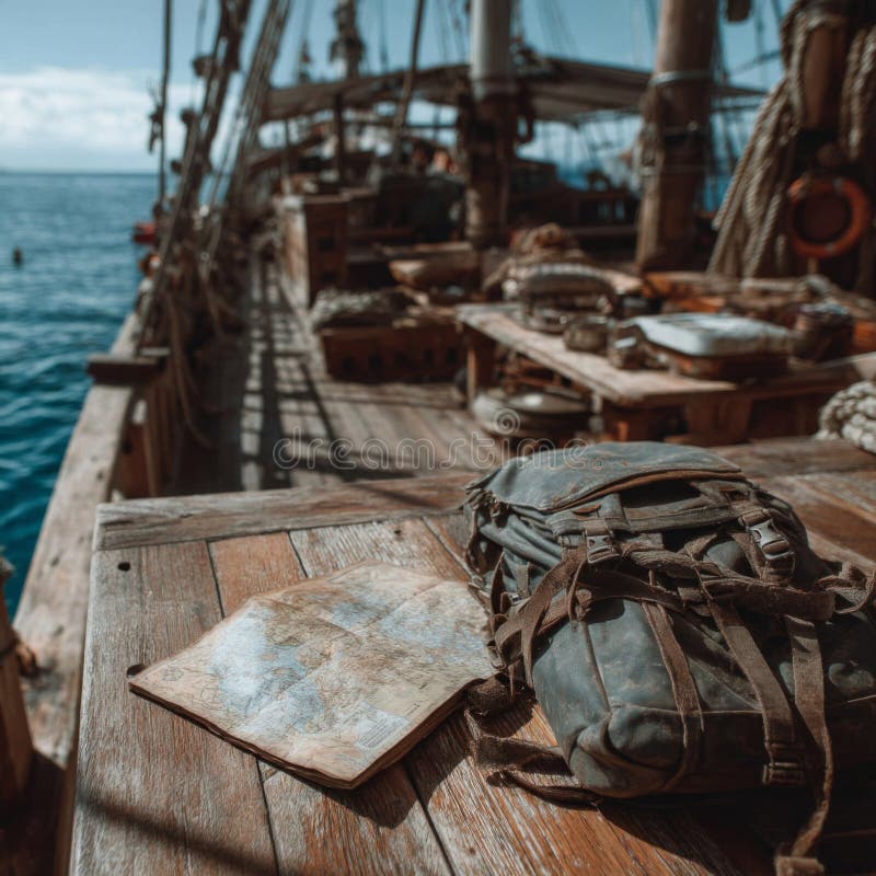 Aged Map and Backpack on a Wooden Ship Deck Stock Illustration ...