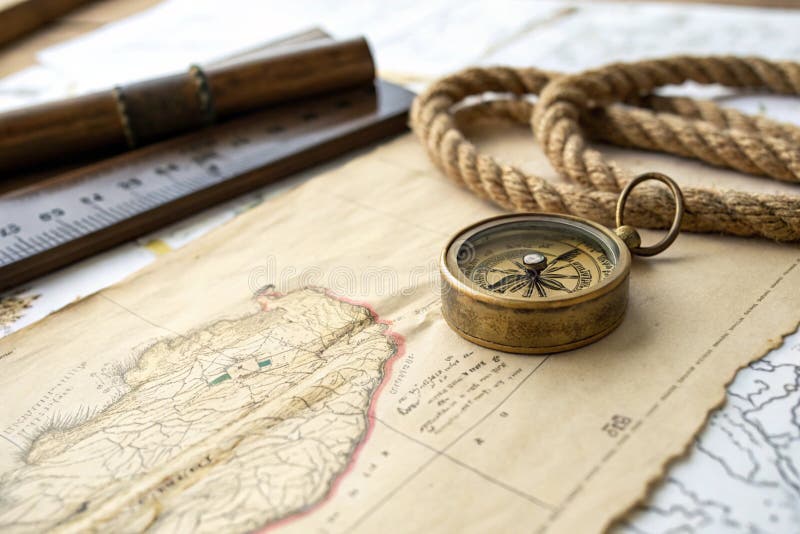 Aged Map, Ruler, Rope and Old Compass Stock Illustration - Illustration ...