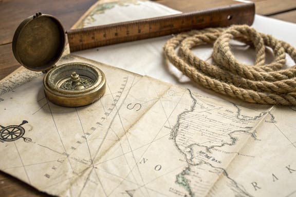 Aged Map, Ruler, Rope and Old Compass Stock Illustration - Illustration ...