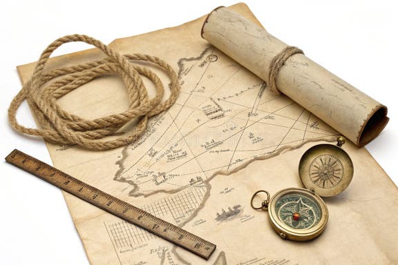 Aged Map, Ruler, Rope and Old Compass Stock Illustration - Illustration ...