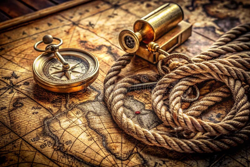 Aged Map, Ruler, Rope and Old Compass Stock Illustration - Illustration ...