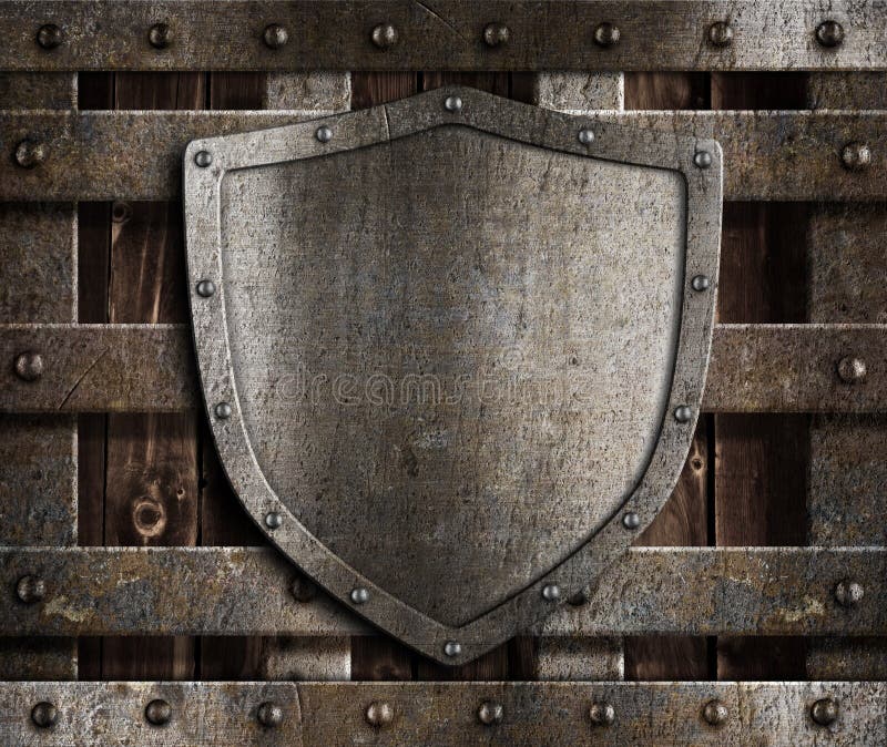 Aged Metal Shield on Wooden Medieval Gates Stock Photo - Image of board ...