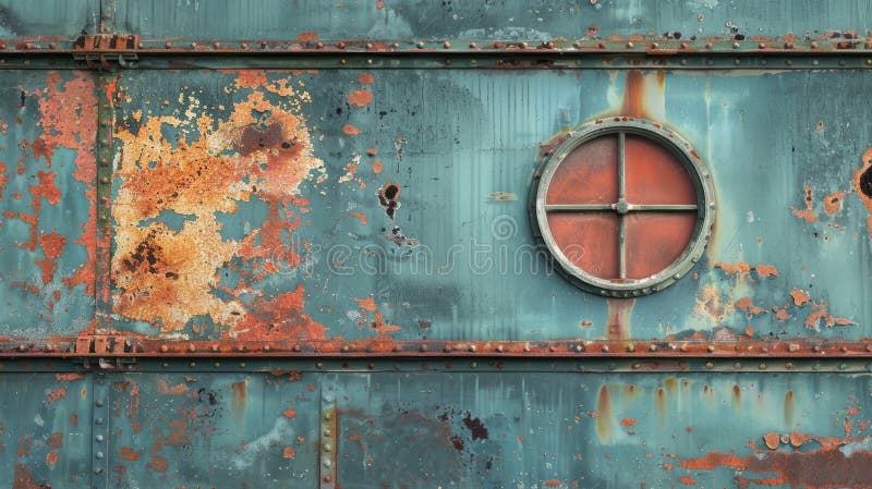 Aged Metallic Surface with Rust and Round Window Detail in an Abandoned ...