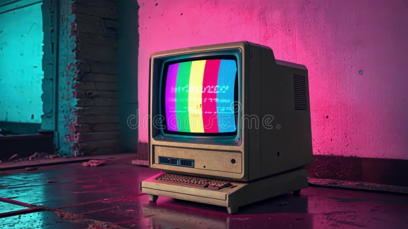 An Aged Monitor Emits a Mesmerizing Array of Neon Colorsbright Cyan and ...