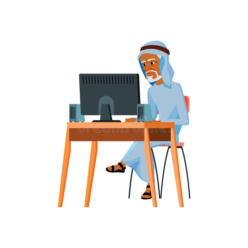 Aged Muslim Man Working on Computer in Office Cartoon Vector Stock ...