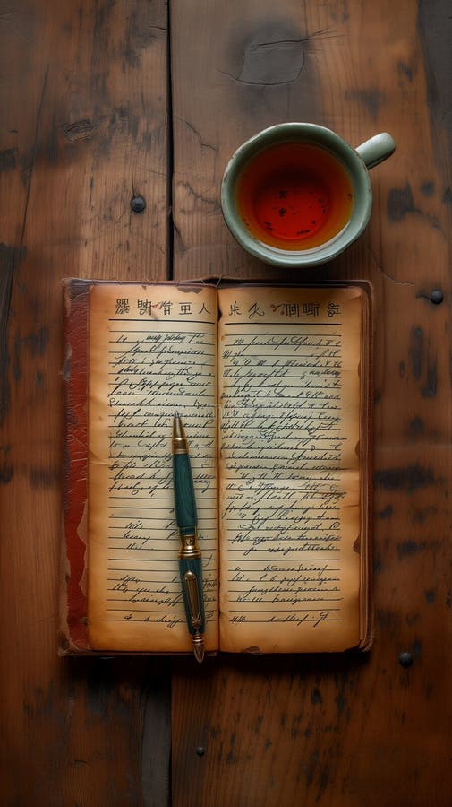 An Aged Open Journal with Handwritten Text and a Fountain Pen, a Cup of ...