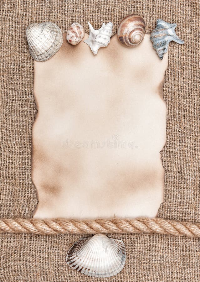 Aged Paper with Sea Shells and Rope on Sacking Background Stock Image ...