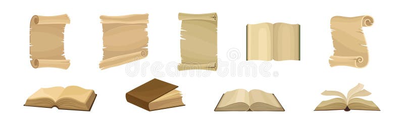 Aged Papyrus Scroll and Book in Hard Cover Vector Set Stock Vector ...