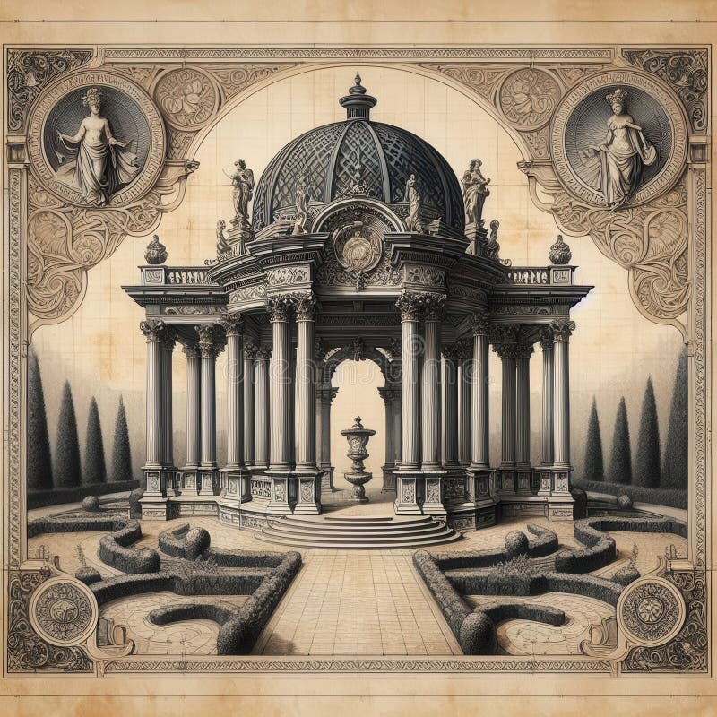 Renaissance Garden Pavilion with Statues and Dome Stock Illustration ...