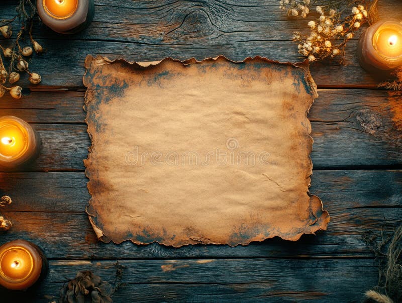 Aged Parchment on Dark Wood with Candles and Herbs Stock Illustration ...