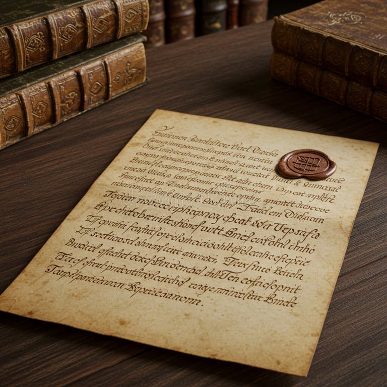 An Aged Parchment Document Lies on a Wooden Table, Featuring Elegant ...
