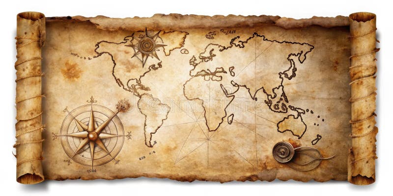 An Aged Parchment Scroll Displays an Antique World Map, Adorned with a ...