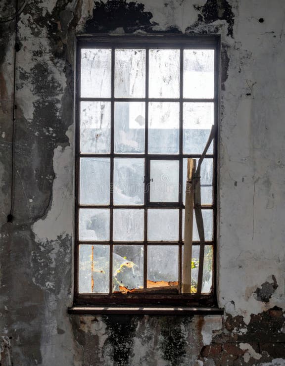 Aged Rectangular Window with Weathered Wood Frame Set in Eroded Wall ...