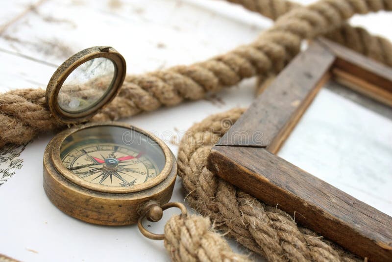 Aged Rope Frame with Brass Compass, Nautical Design Stock Illustration ...