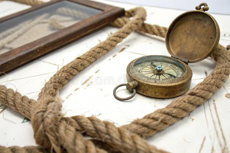 Aged Rope Frame with Brass Compass, Nautical Design Stock Illustration ...