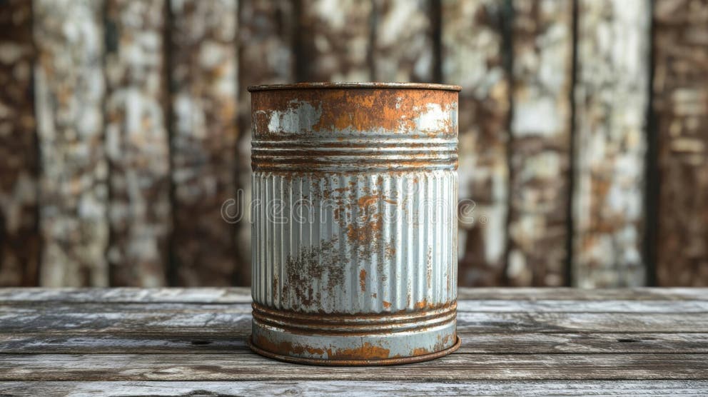 Aged Rustic Metal Can with Rust and Silver Paint on Wooden Table in ...